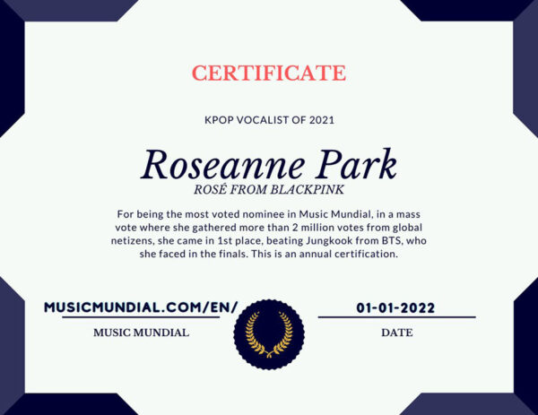 ROSÉ Won the Category “K-Pop Vocalist of 2021” at the Music Mundial ...